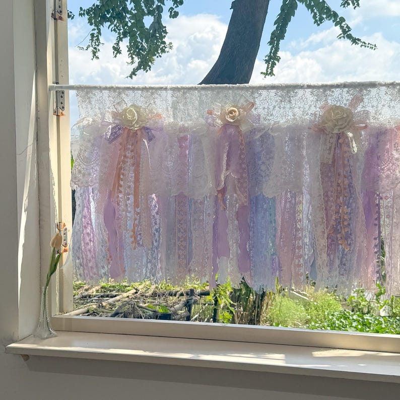 Vintage Beautiful Pink Blue Purple Lace Curtains Valance, Colorful Lace ...