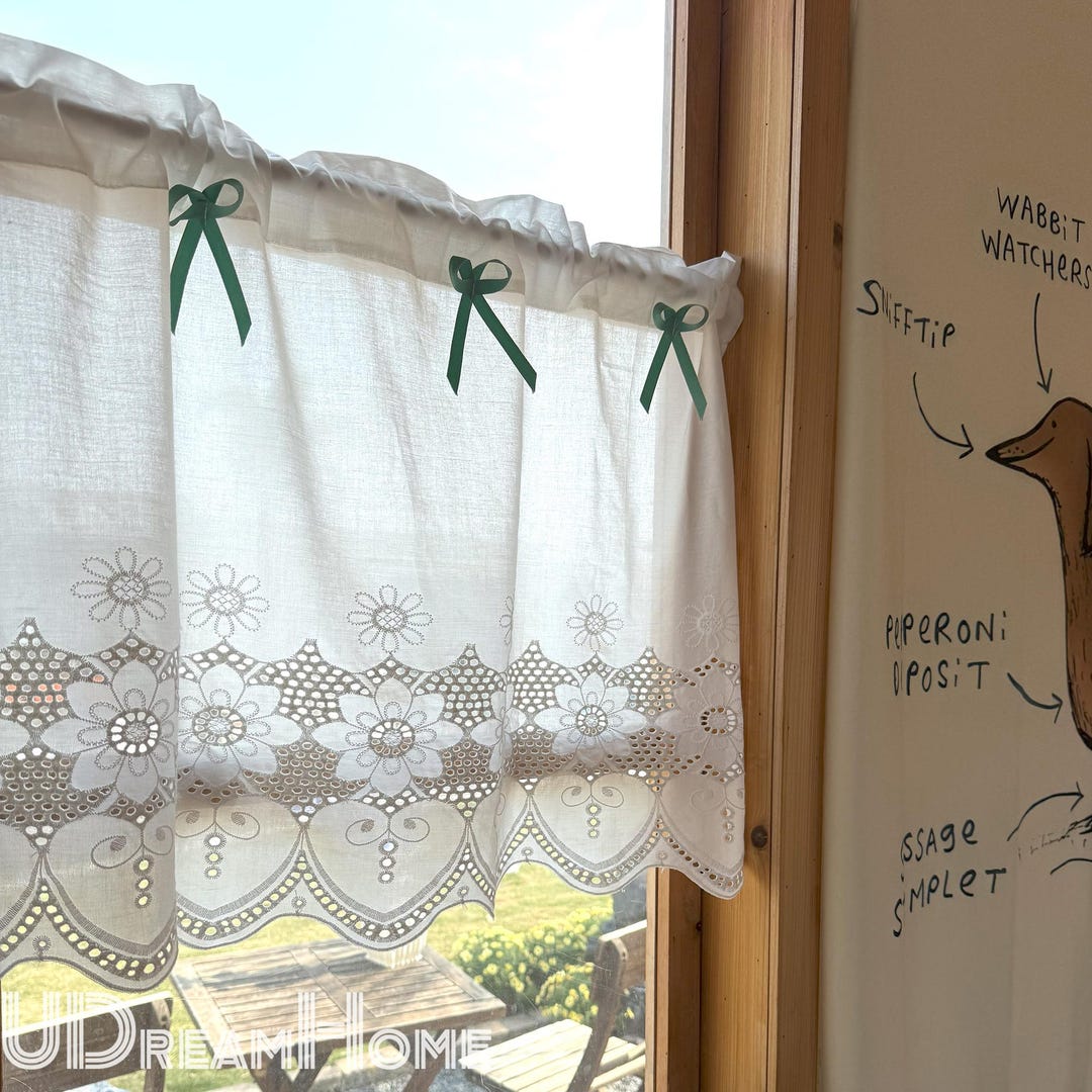 White Lace Embroidery Flower Cafe Curtain, Floral Edges Embroidered ...