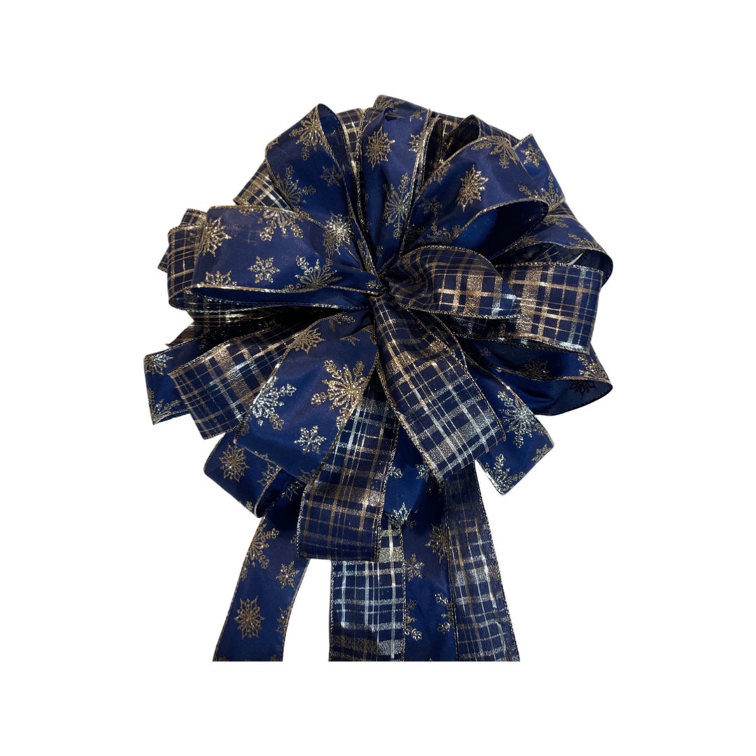 Tree Topper Christmas Two Ribbon Bow Holiday Bow Blue/gold - Etsy