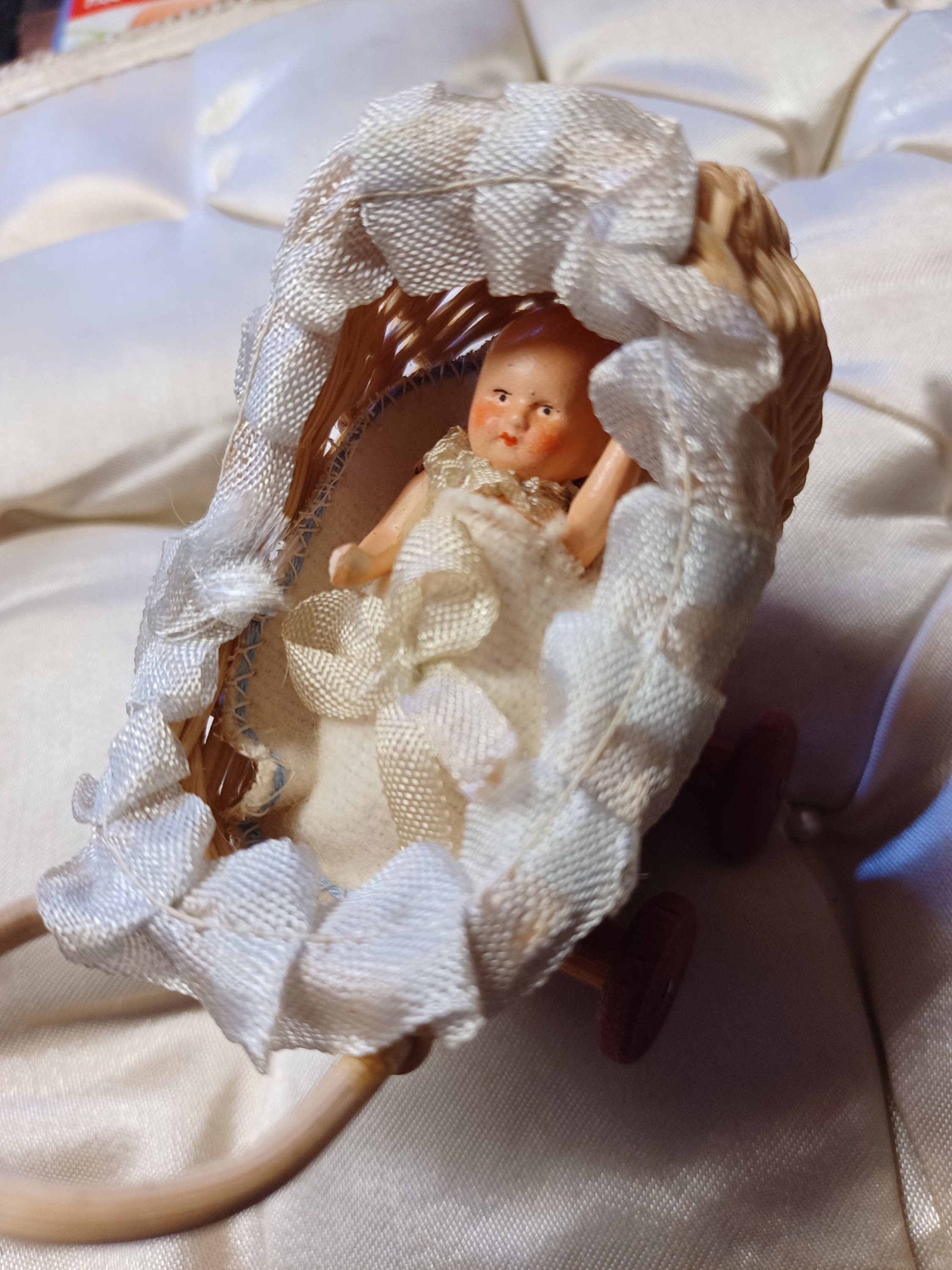 1930's Wicker Buggy W/ Bisque Baby Inside/ Dollhouse Stroller W/ Doll ...