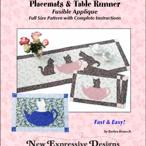 Cat Table Runner, Placemats Quilt Pattern - Kittens Tea Party - Fusible ...