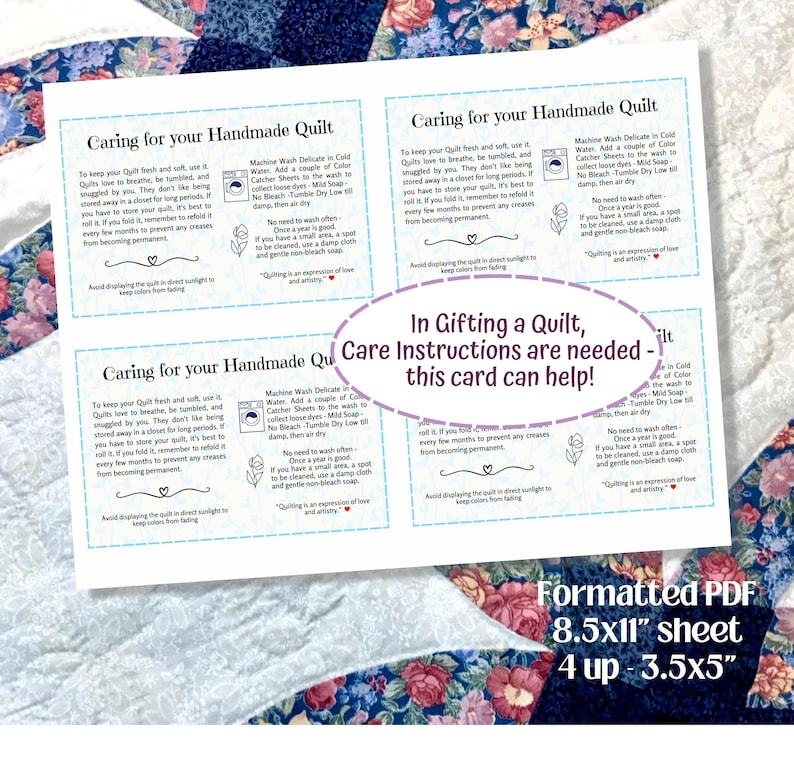 Quilt Care Cards - Care Instructions, Laundry Care - PDF 8.5x11" Instant Download - Etsy