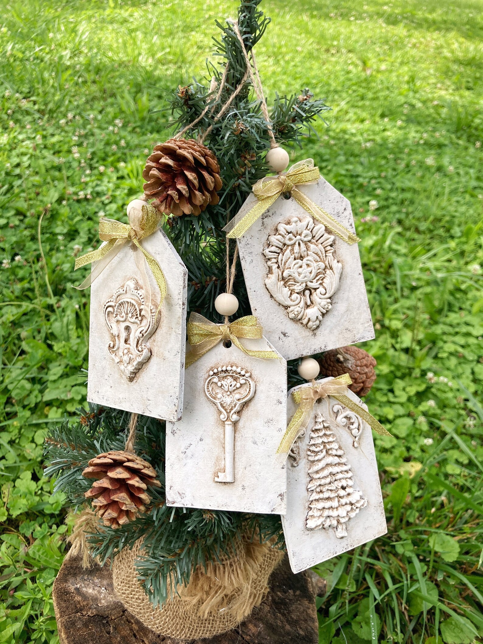 Set of 4 French Country Christmas Ornaments, Cottage Decor, Handmade ...