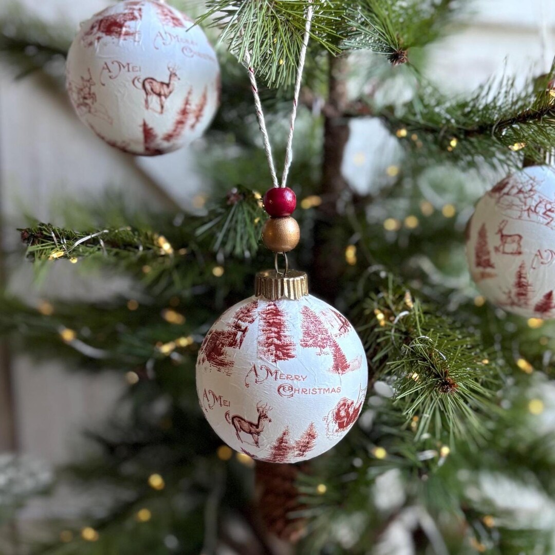 Sets of Deep Red and White Christmas Ornaments Handmade, Toile ...