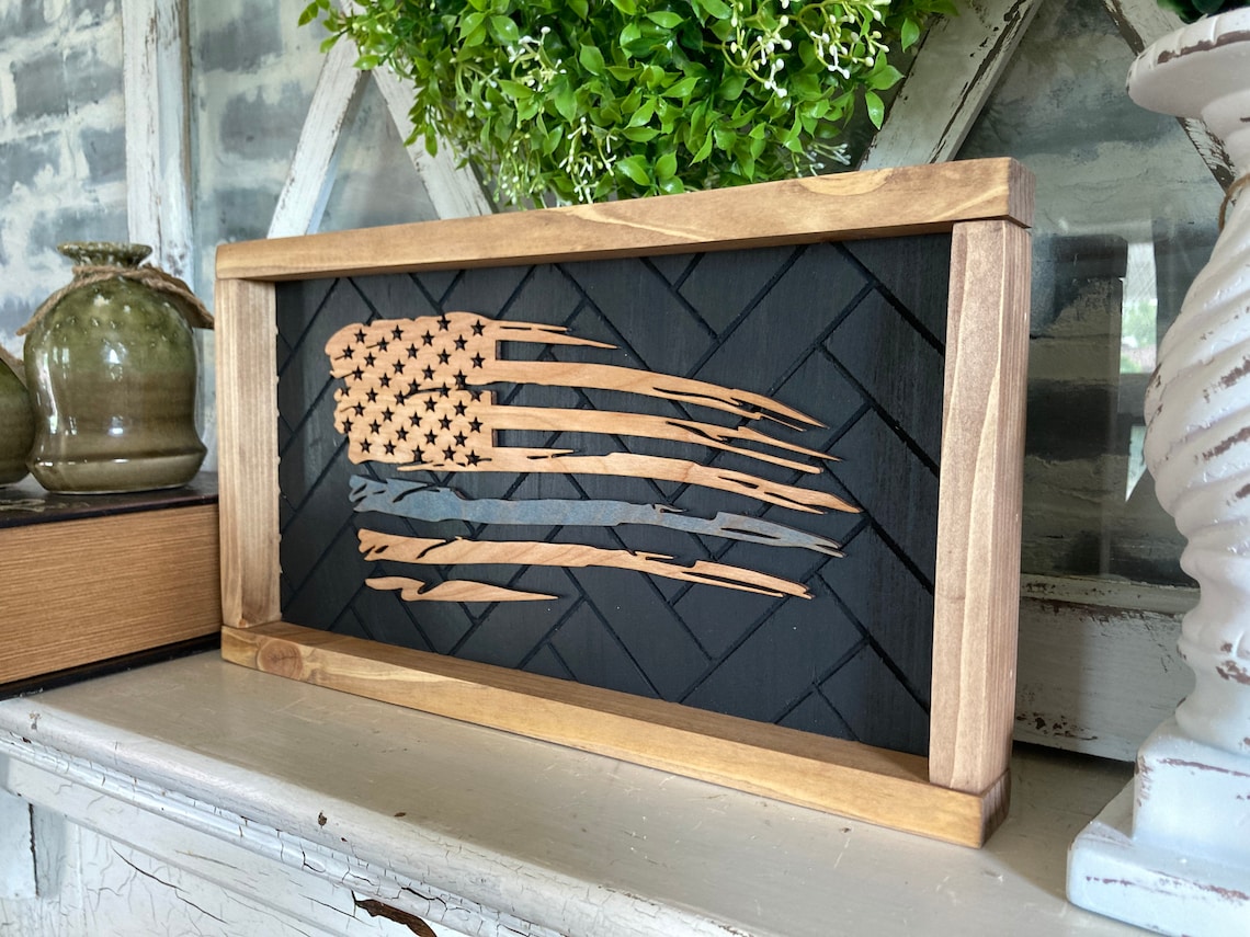 Medium Thin Blue Line Wood Flag for Police Support Tattered - Etsy