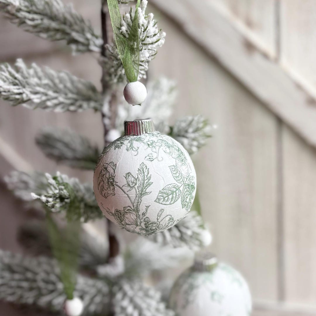 Sets of Green Toile Handmade Christmas Ornaments, White & Sage ...