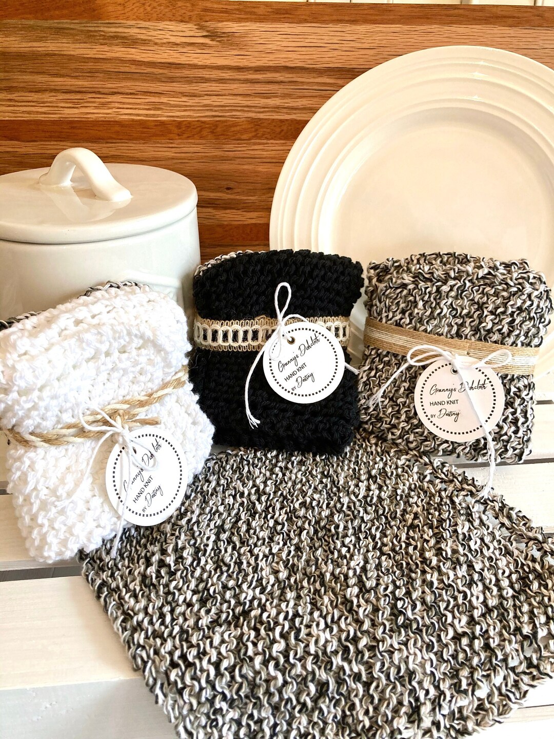 Set of Two Cotton Knitted Dishcloths, Black and White Hand Knit Kitchen ...