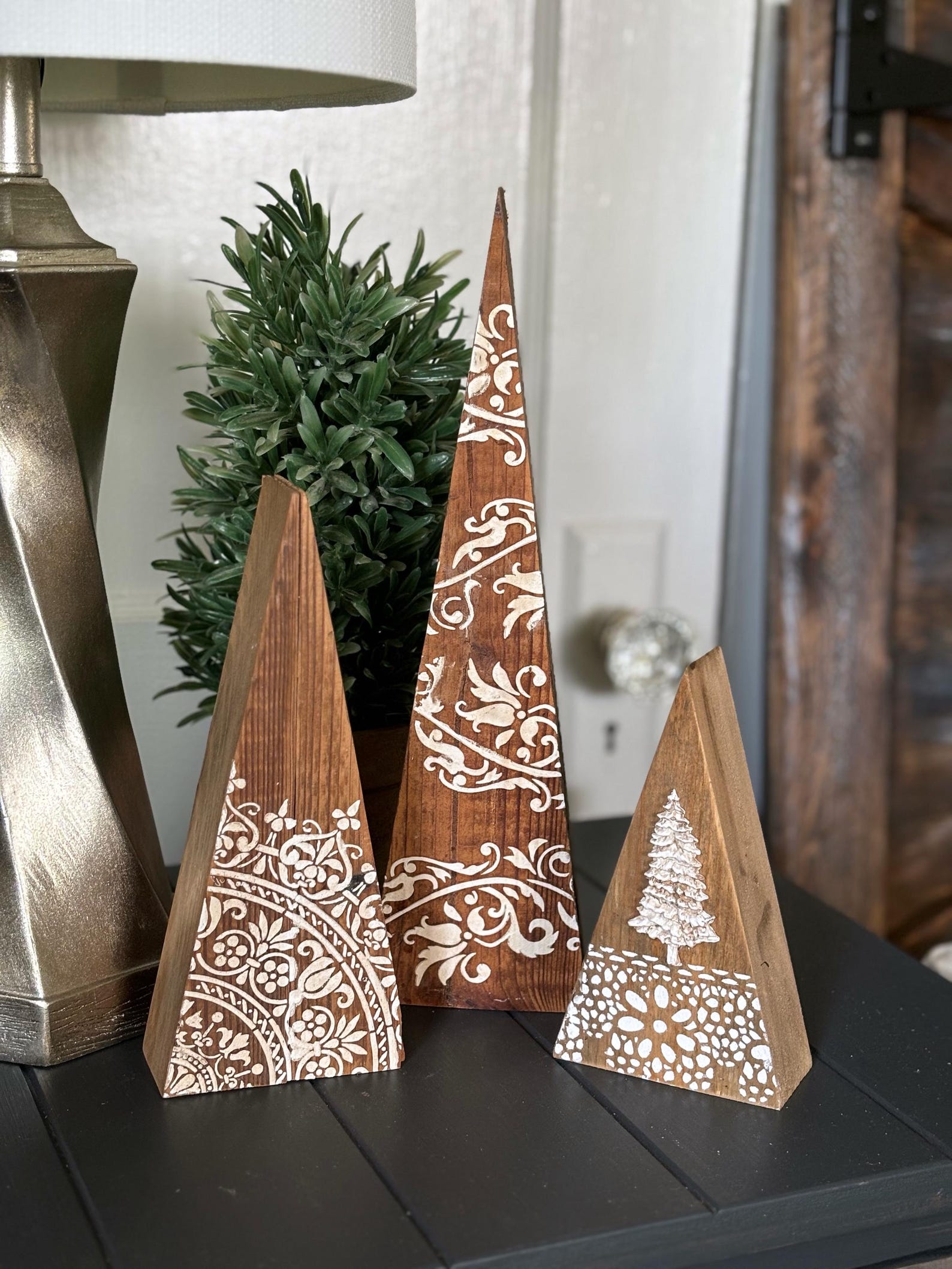 Set of 3 Table Top Wooden Christmas Tree Decor, Handcrafted Wood Trees ...