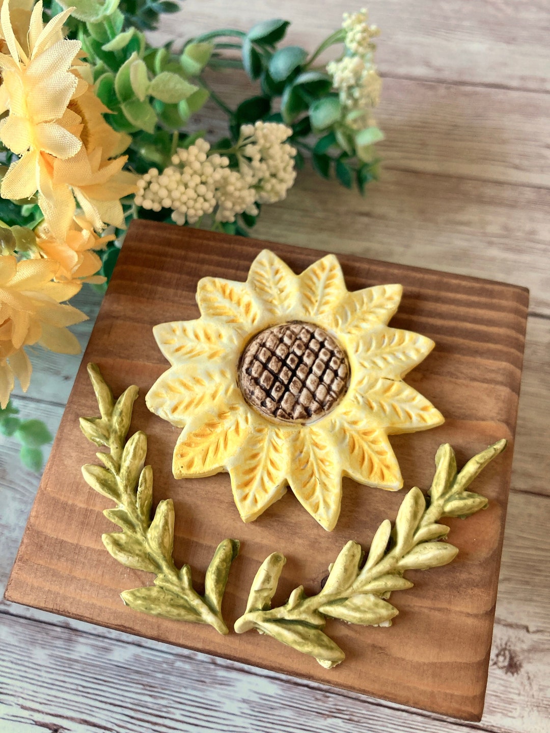 Wooden Sunflower Decor, Clay Sunflower Block Sign, Sun Flower Tiered ...