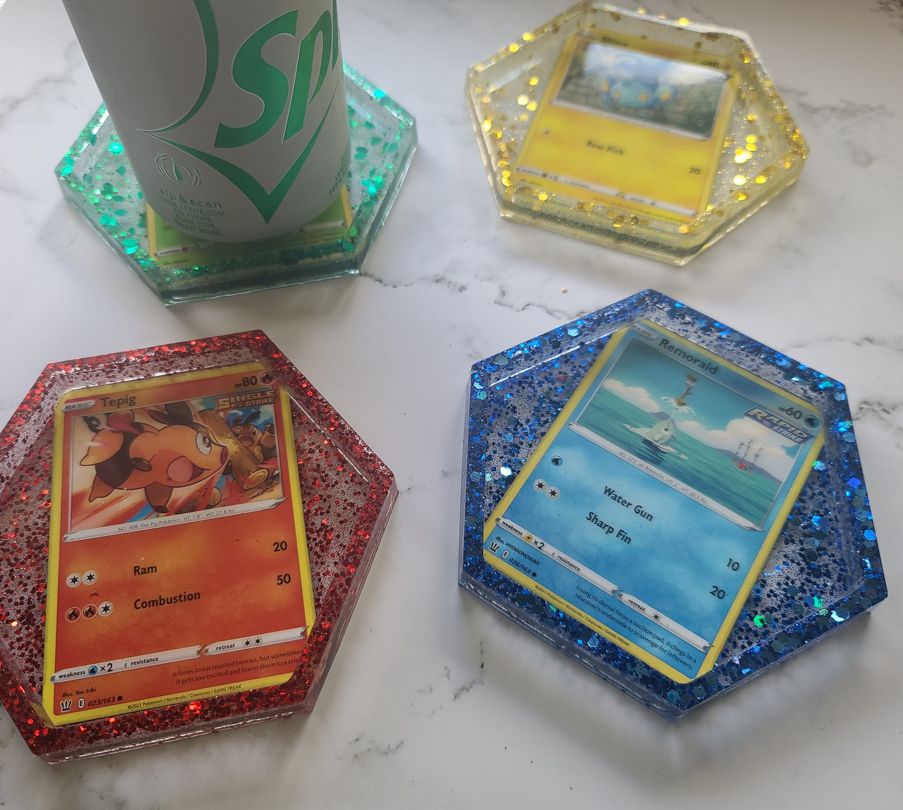 Custom Pokémon Card Coasters Hexagon Resin Coasters Glitter Pokémon ...