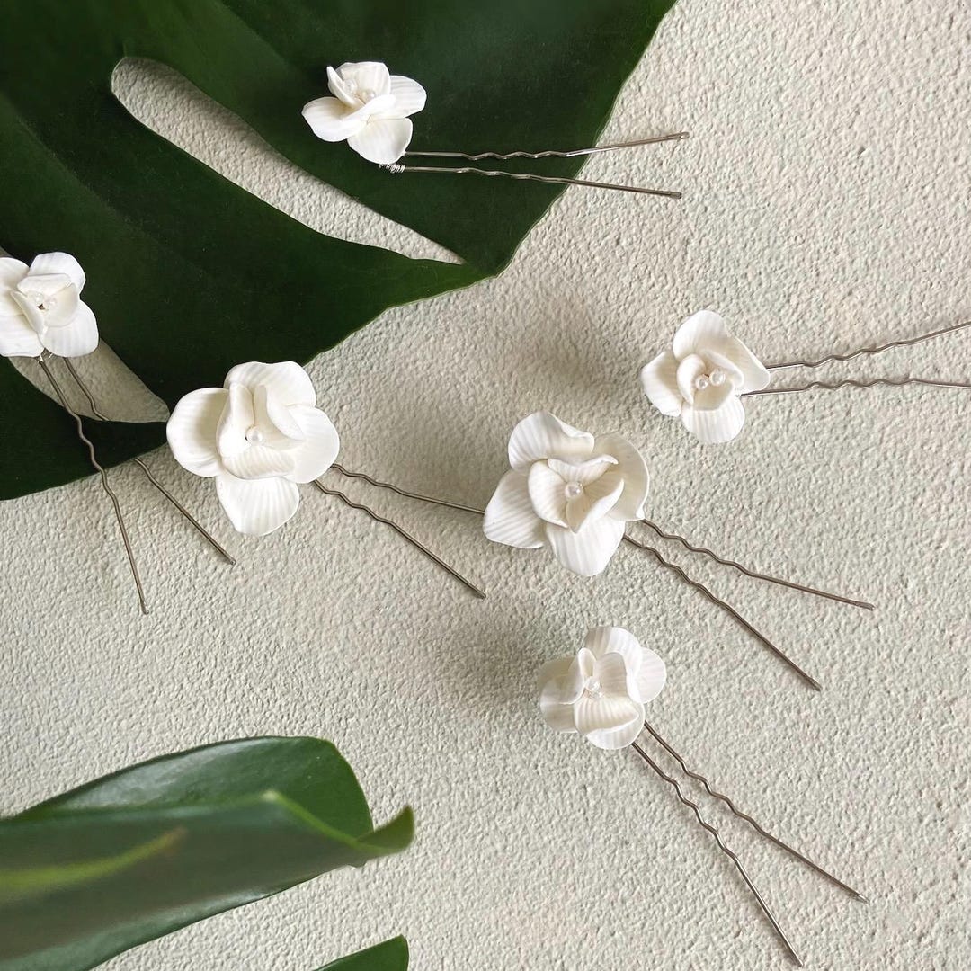 Handmade Porcelain White & Ivory Rose Hair Pin Set, Bridal Wedding Up ...