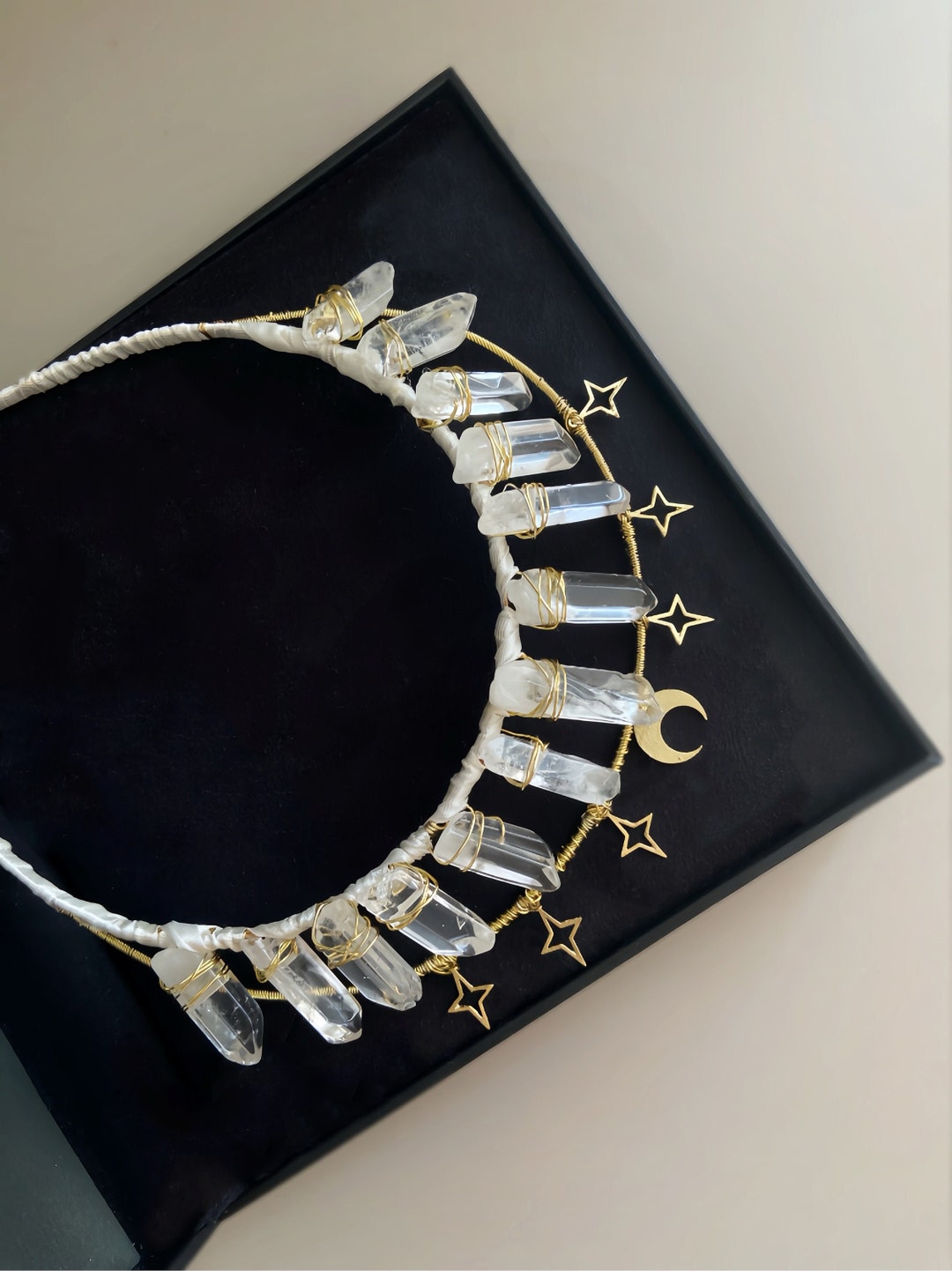 Crescent Moon Tiara, Quartz Halo Crown With Stars, Celestial Bridal ...