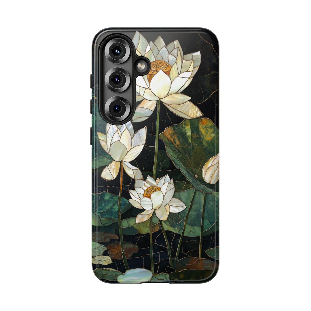White Lotus Mother of Pearl & Jade Phone Case - Elegant Floral Design ...