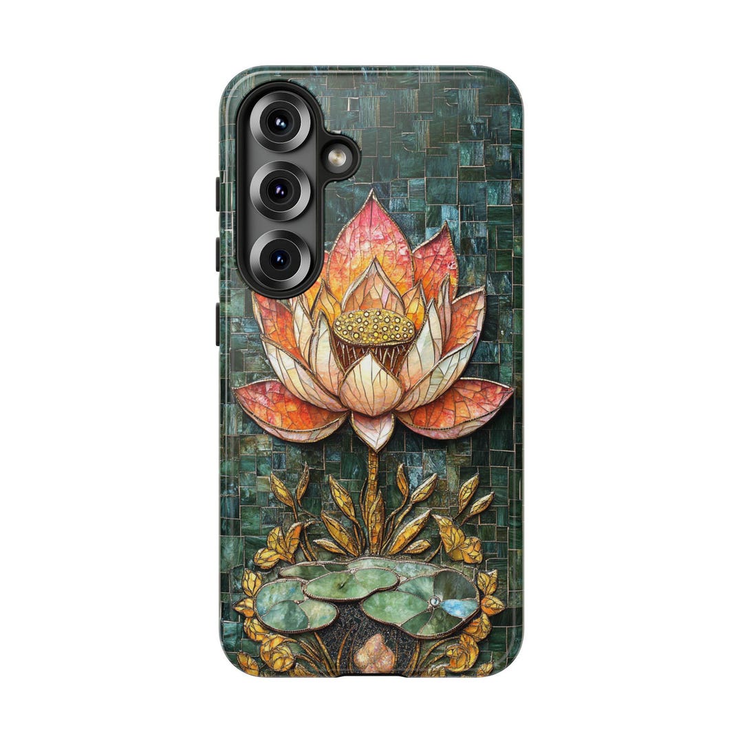 Pink Lotus Tile Mosaic on Jade Phone Case - Elegant Floral Art for ...
