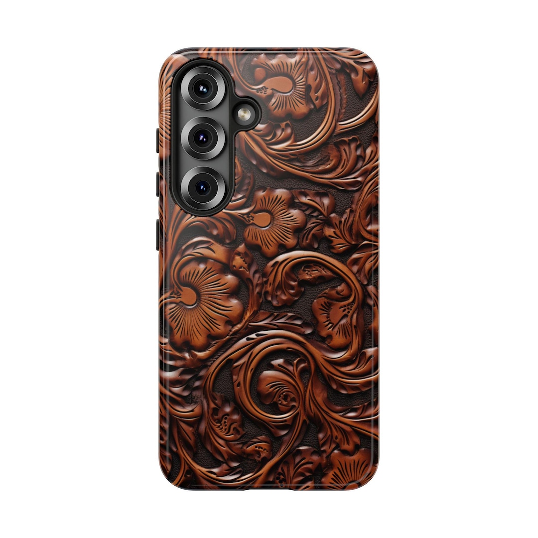 Western Cowboy Carved Leather Style Phone Case, Rustic Vintage Design ...