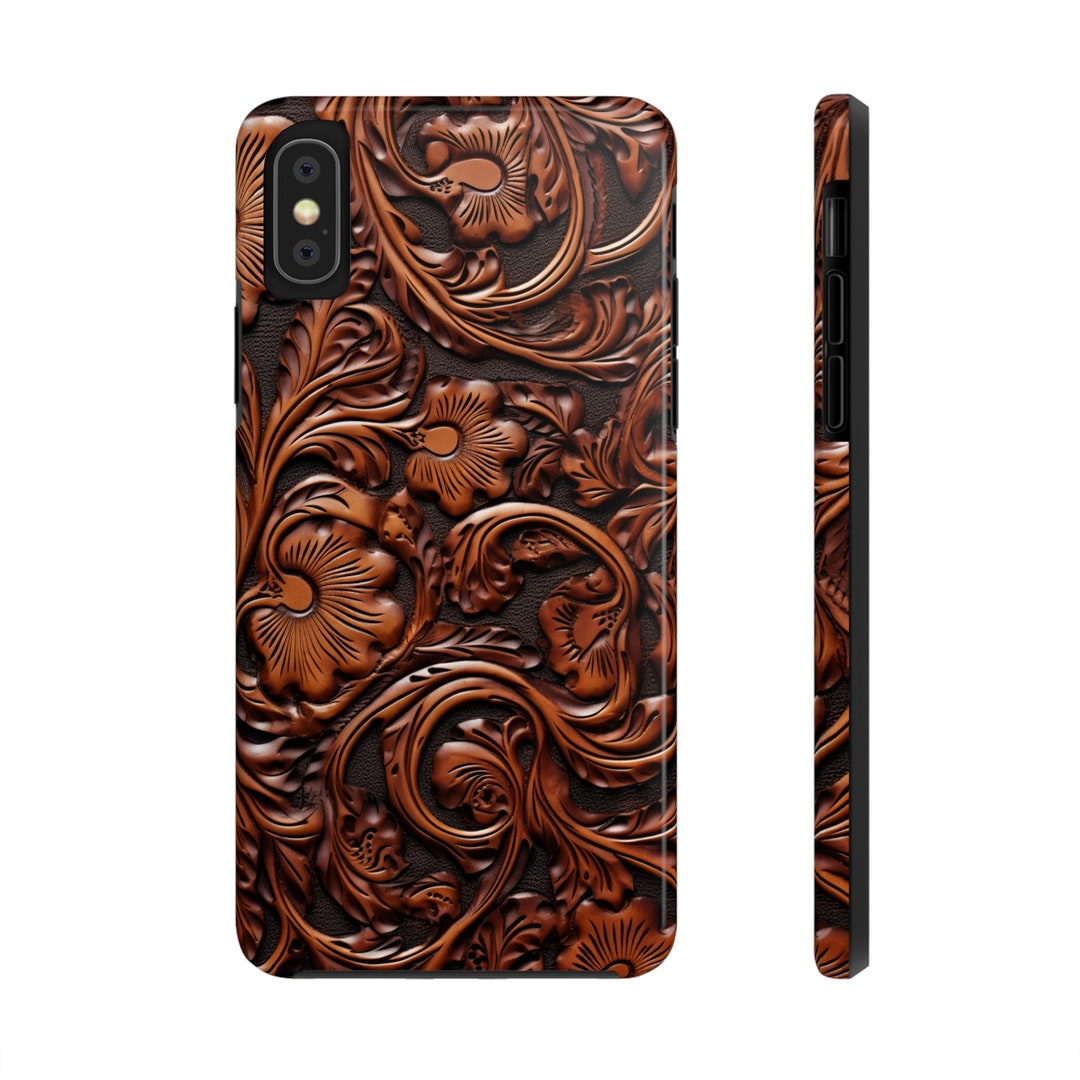 Western Cowboy Carved Leather Style Phone Case, Rustic Vintage Design ...