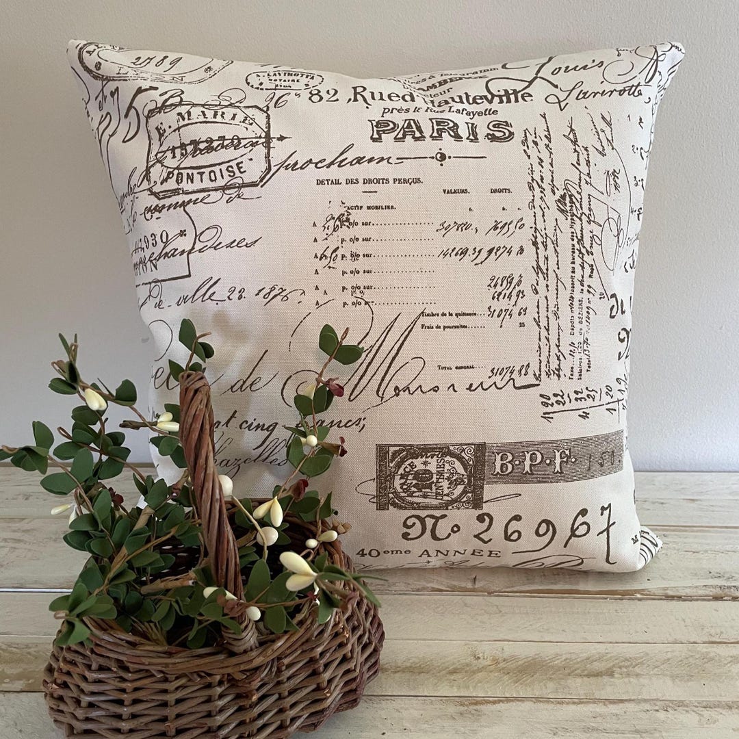 French Script Pillow Cover: Cream & Brown Paris Decor - Etsy