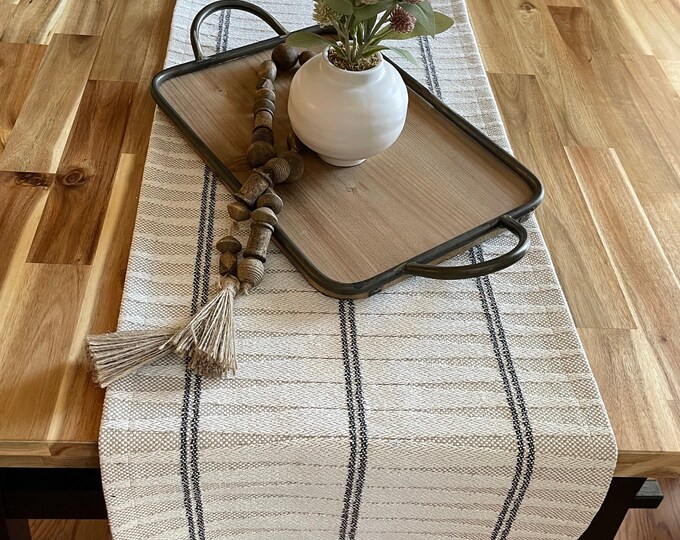 Farmhouse Country Cottage Steel Blue Striped Beige/tan Table Runner for ...