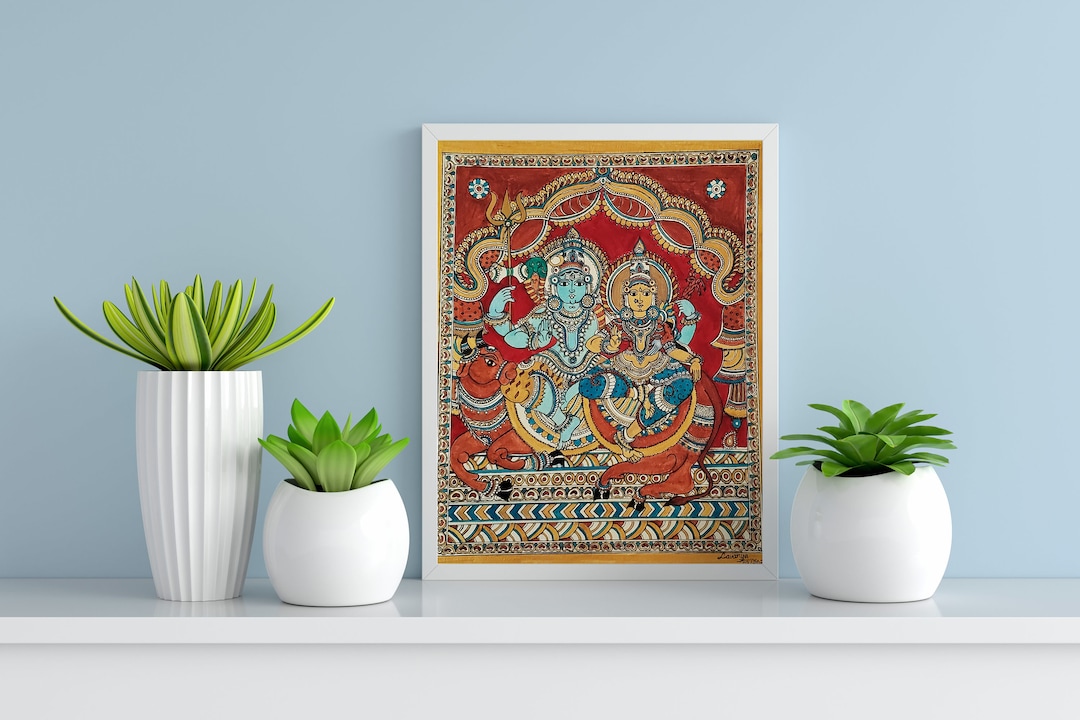 Lord Shiva Parvathi Painting -kalamkari Style-indian Folk Art-wall ...