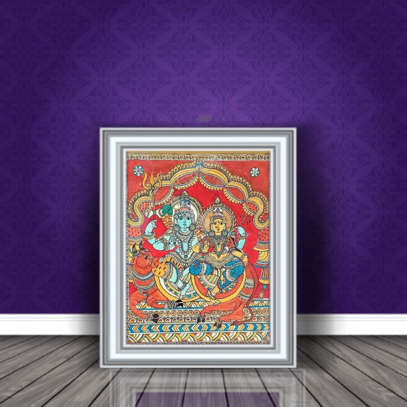 Lord Shiva Parvathi Painting -kalamkari Style-indian Folk Art-wall ...