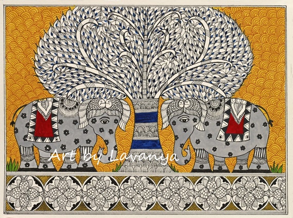 Madhubani Tree of Life With Elephants-art Print-wall - Etsy