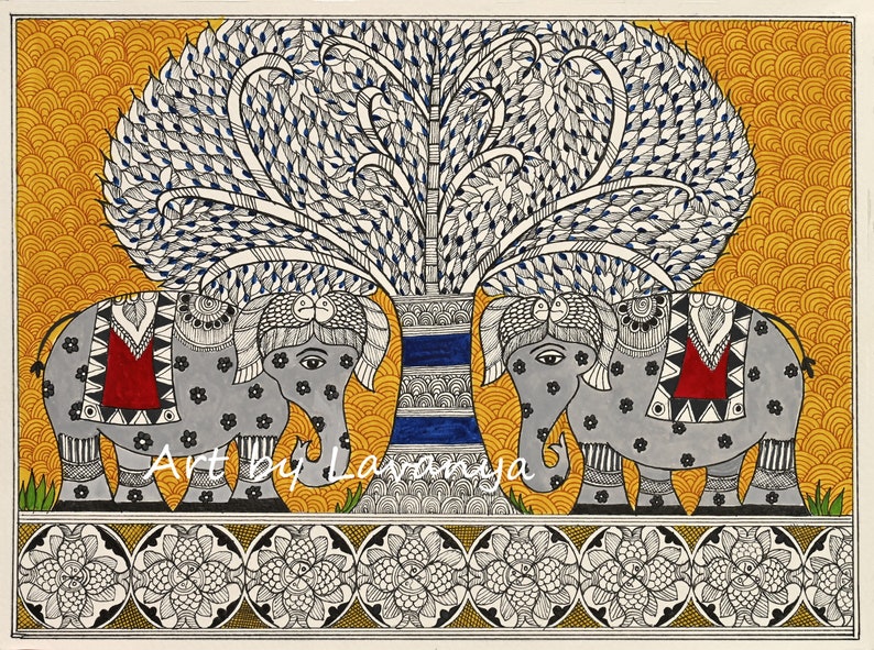 Madhubani Tree of Life With Elephants-art Print-wall Decor-indian Folk ...
