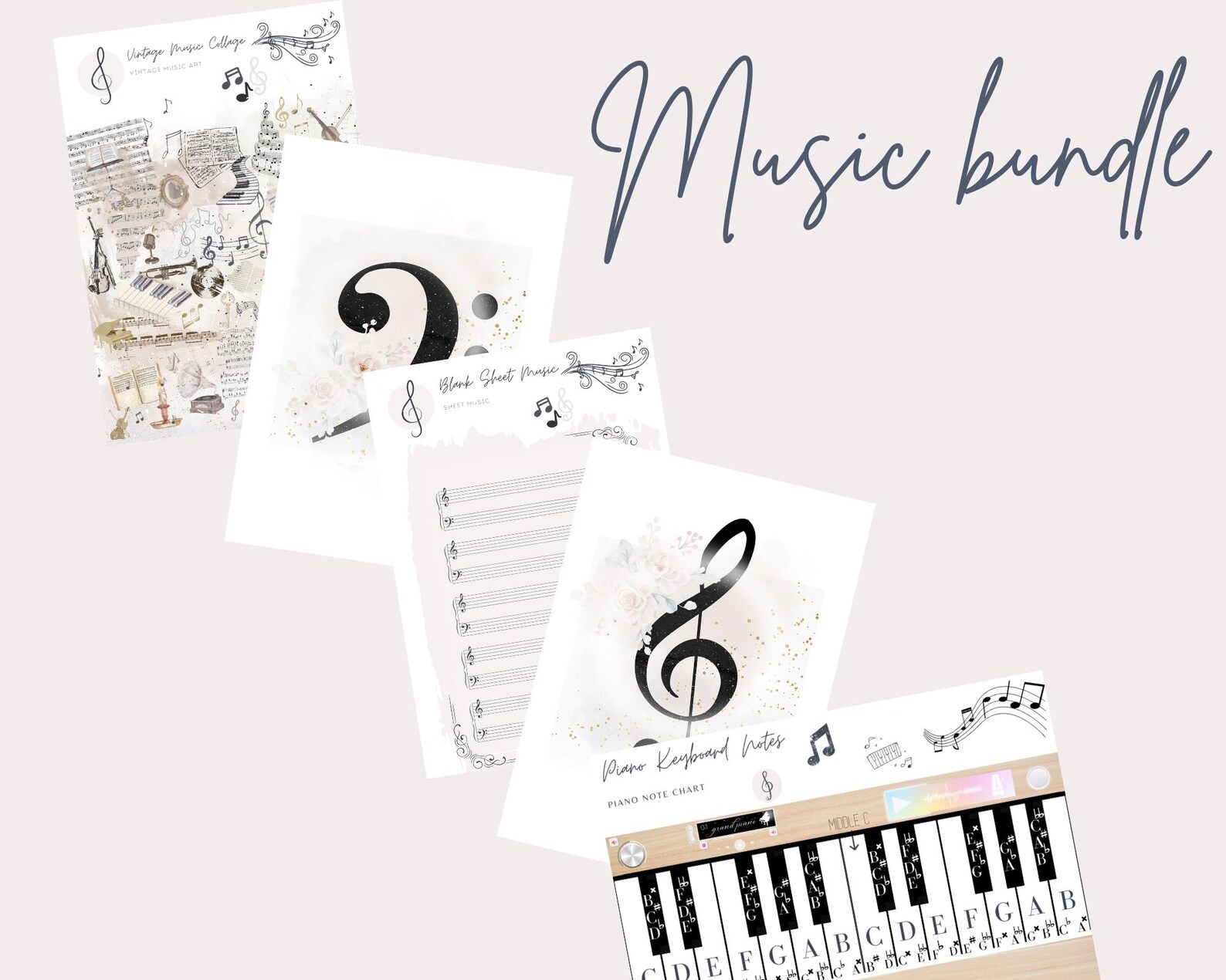 Music Bundle | Treble Clef Print | Bass Clef Print | Sleek Wooden Piano ...