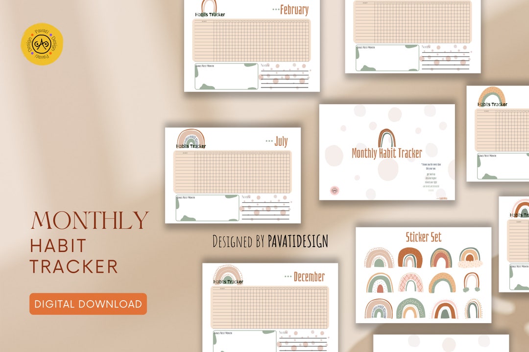 Boho Monthly Habit Tracker Printable: Rainbow Stickers (digital ...