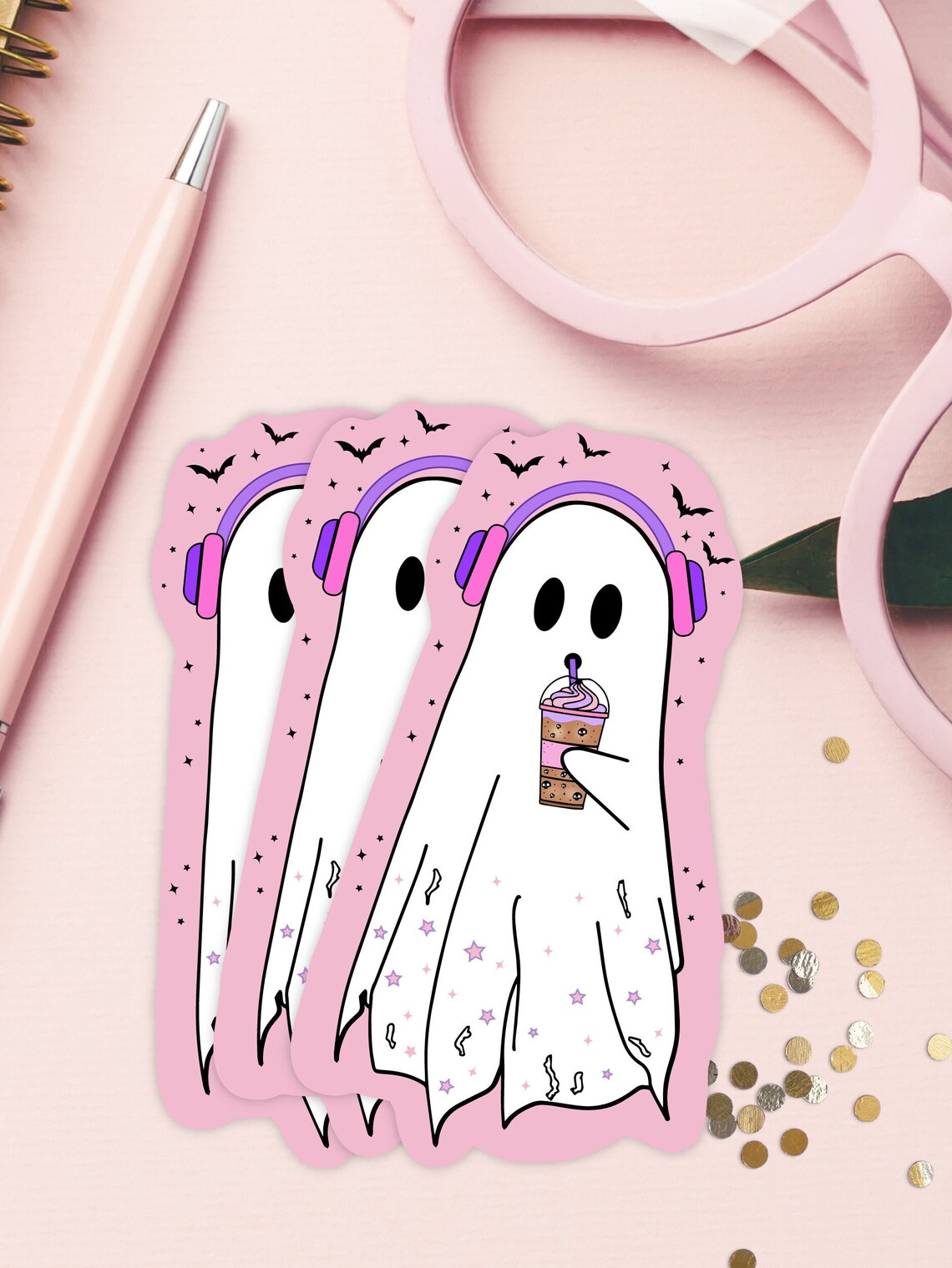 Halloween Coffee Ghost| Pastel Ghost Sticker| Pink Ghost Sticker| Retro ...
