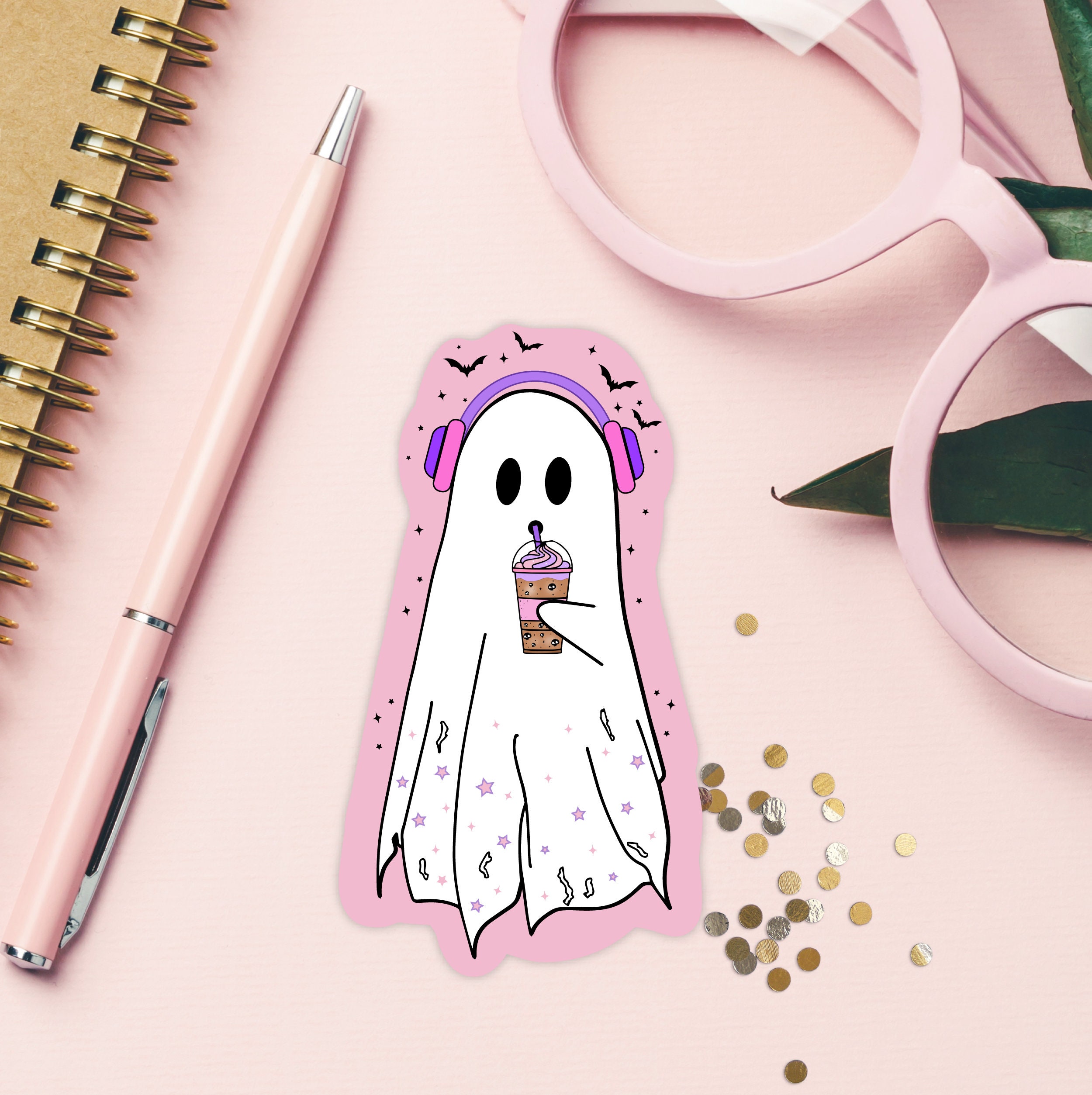 Halloween Coffee Ghost Pastel Ghost Sticker Pink Ghost - Etsy