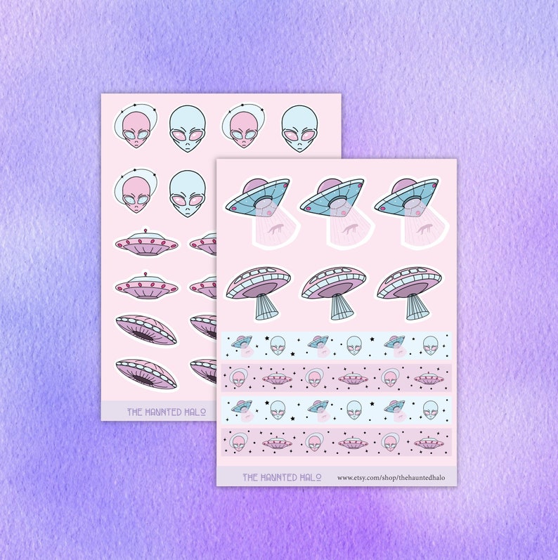Pink Alien Sticker Sheet UFO Sticker Set Pastel Alien - Etsy