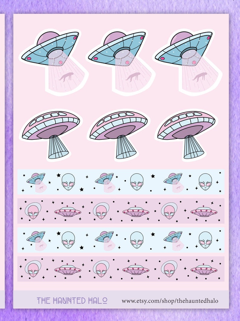 Pink Alien Sticker Sheet UFO Sticker Set Pastel Alien - Etsy