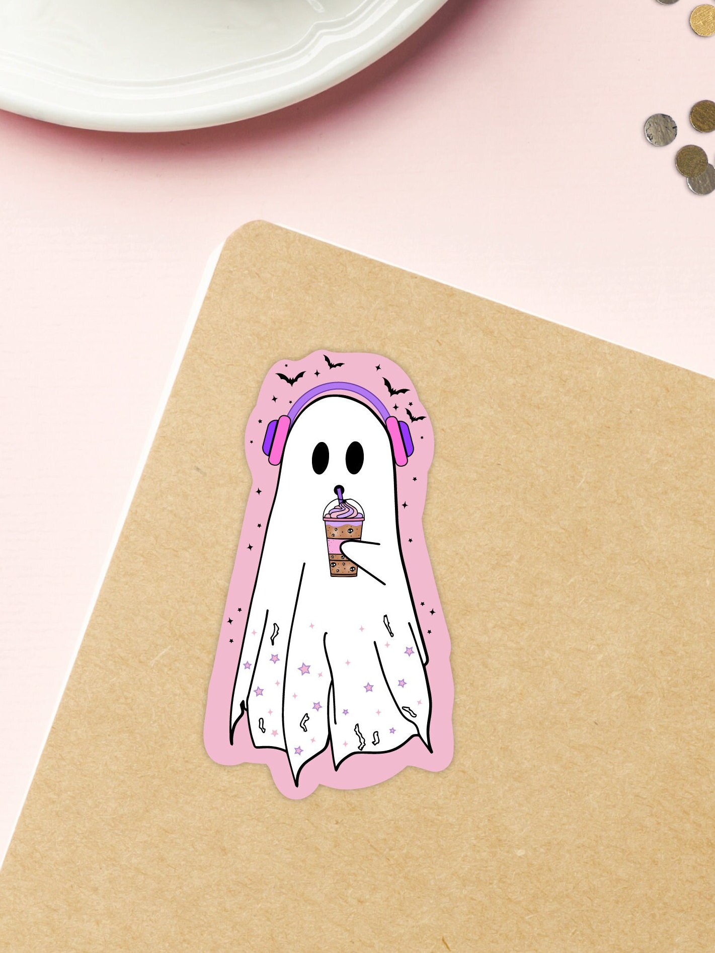 Halloween Coffee Ghost Pastel Ghost Sticker Pink Ghost - Etsy