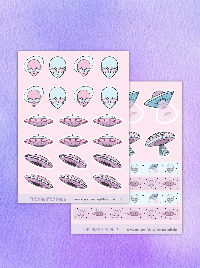 Pink Alien Sticker Sheet UFO Sticker Set Pastel Alien - Etsy