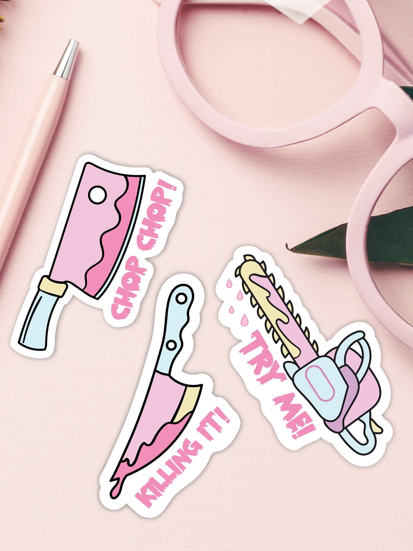 Kawaii Weapons Sticker Set| Pink Weapons Planner Sticker Set| Chainsaw ...