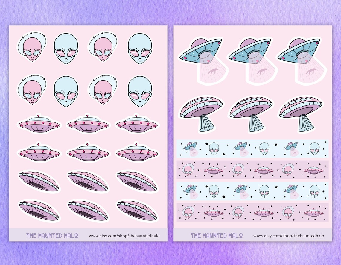 Pink Alien Sticker Sheet UFO Sticker Set Pastel Alien - Etsy