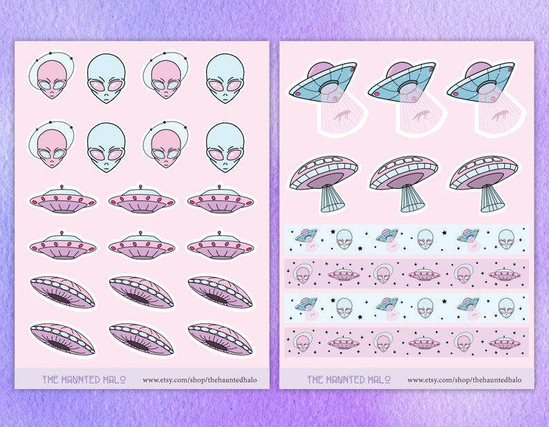 Pink Alien Sticker Sheet UFO Sticker Set Pastel Alien - Etsy
