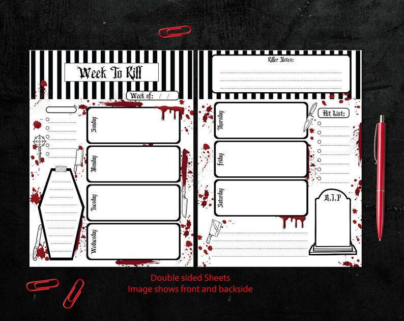 Printed Weekly Planner Pages| Weekly Kill List Planner Sheets| Gothic ...