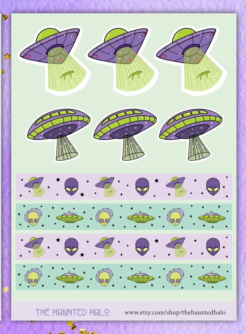 Alien Sticker Sheet UFO Sticker Set Green Alien Planner - Etsy