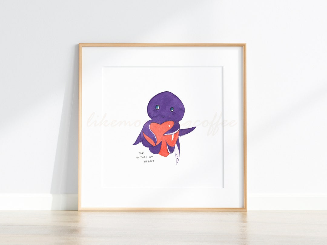 8x8" Printable Watercolor Art, Dark Purple Octopus Heart Watercolor Art ...