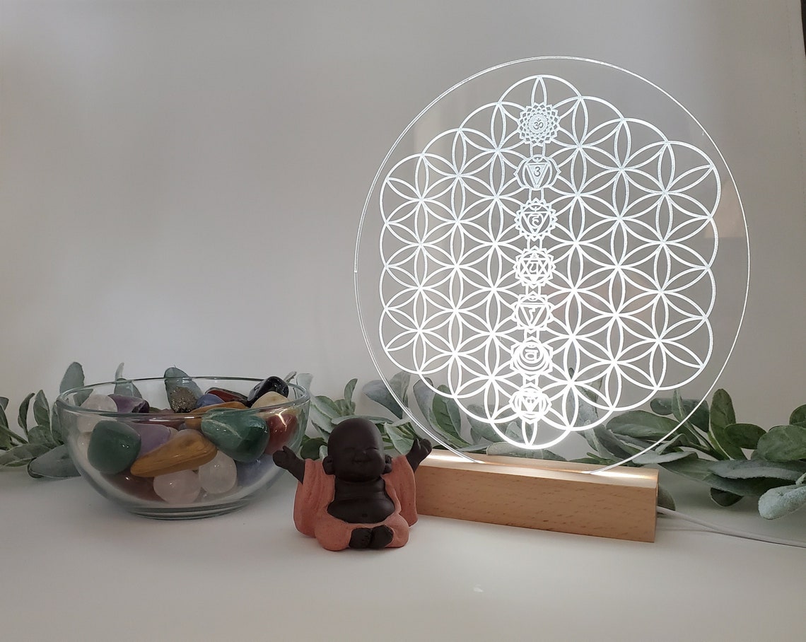 Flower of Life With the Chakras Symbols LED Lamp, Night Light, Sacred ...