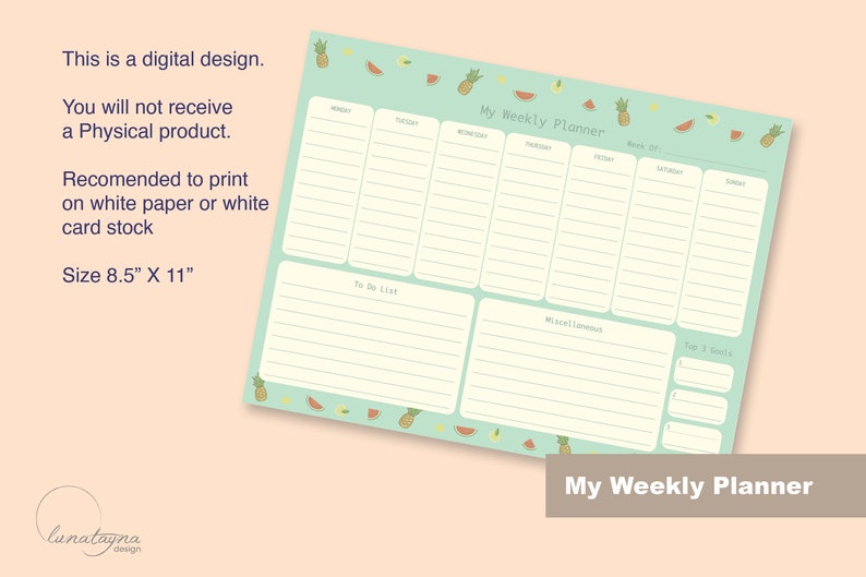 My Weekly Planner and Weekly Meal Plan Printables- Organization, Fruit ...