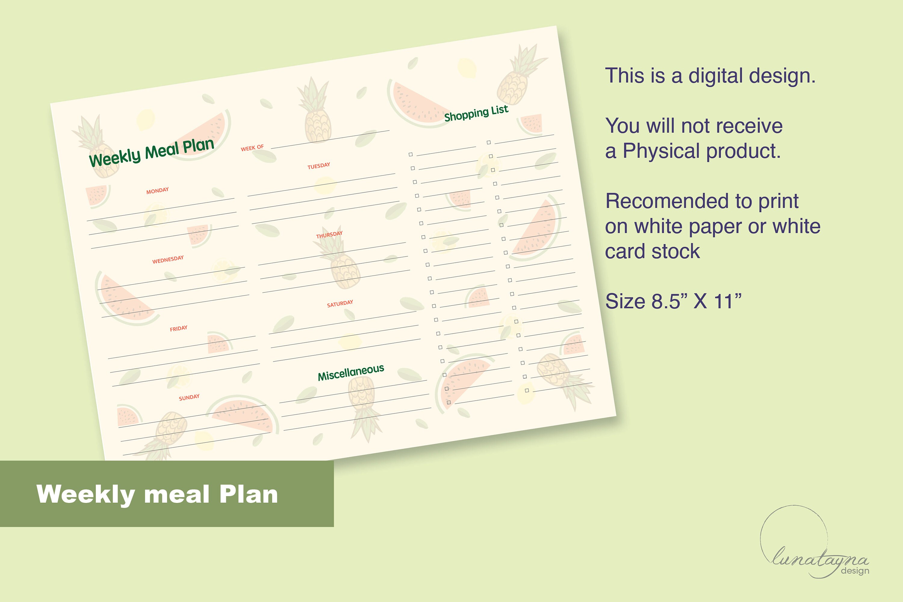 My Weekly Planner and Weekly Meal Plan Printables- Organization, Fruit ...