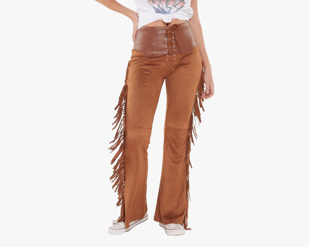Stylish Suede Leather Fringe Laced up Pants, Handmade Genuine Leather ...