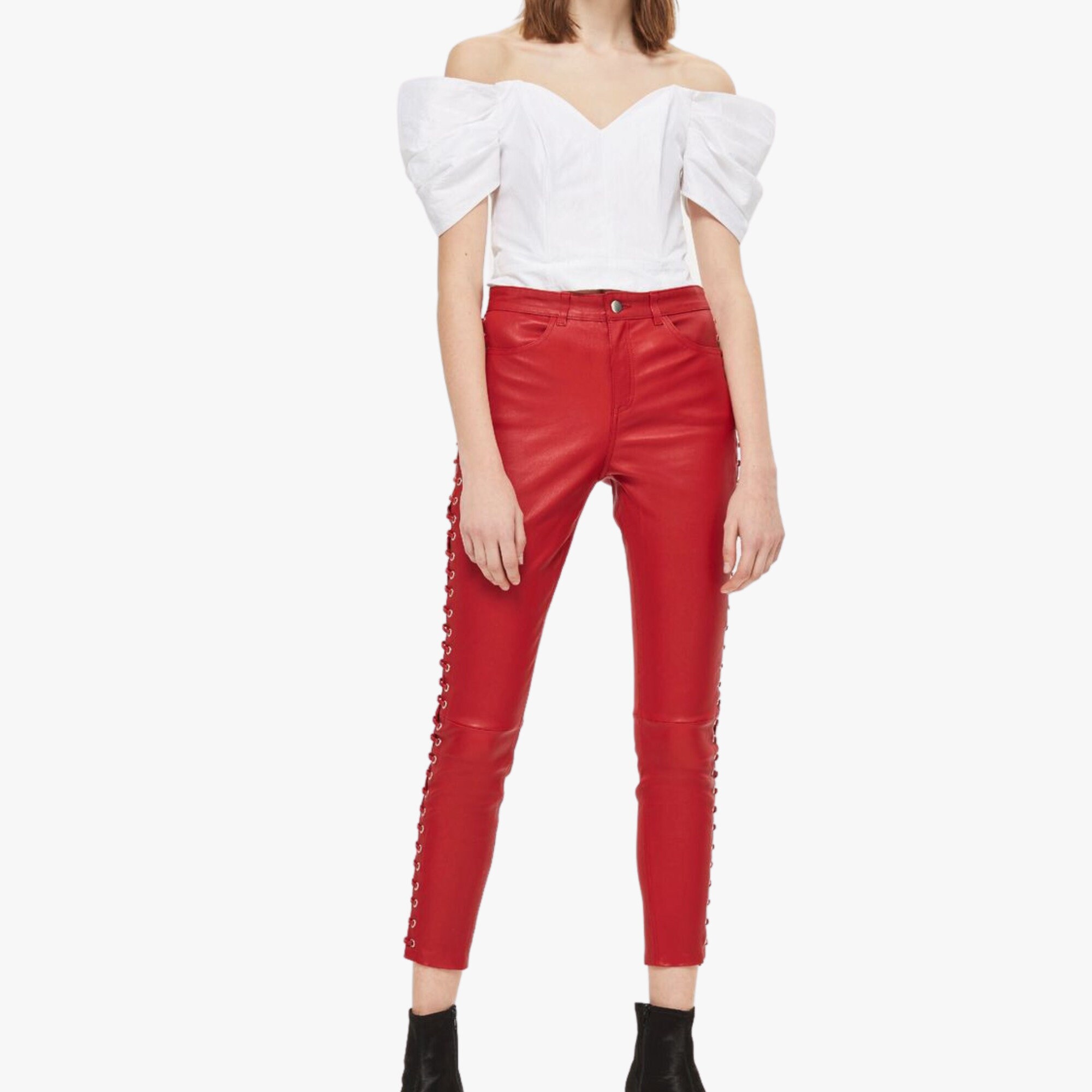 Side Laced up Handmade Red Leather Pants, Steampunk Fitted Red Leather ...