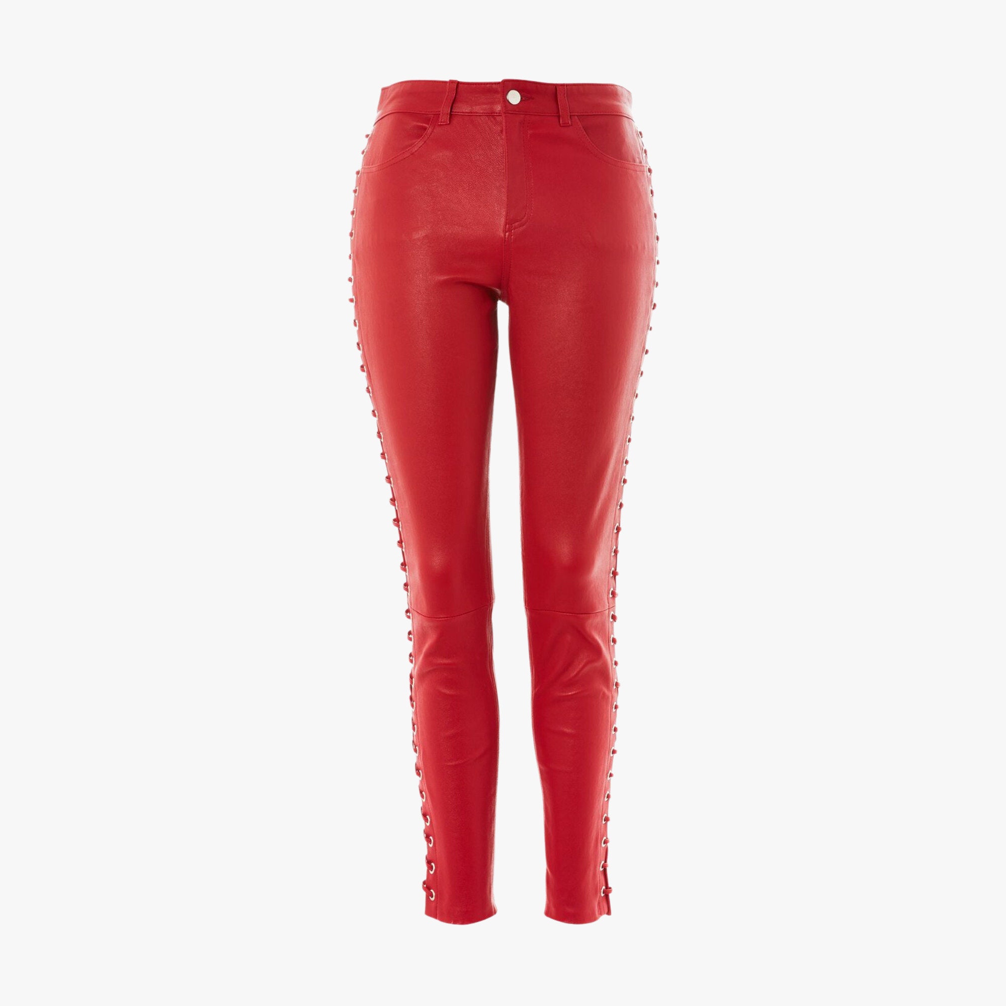 Side Laced up Handmade Red Leather Pants, Steampunk Fitted Red Leather ...