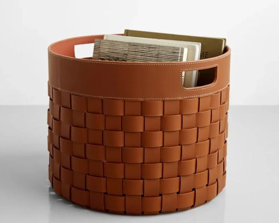 Woven Leather Round Storage Basket, Handmade Woven Firelog Brown Basket ...