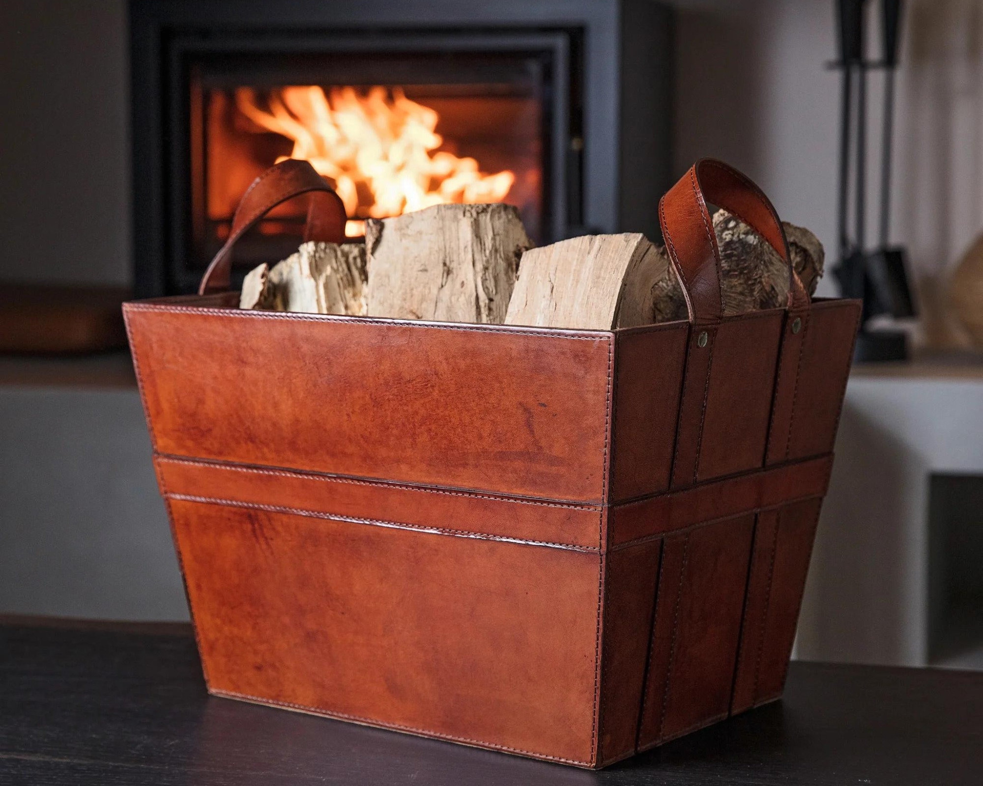 Leather Large Firewood Log Rectangle Basket, Firewood Leather Storage ...
