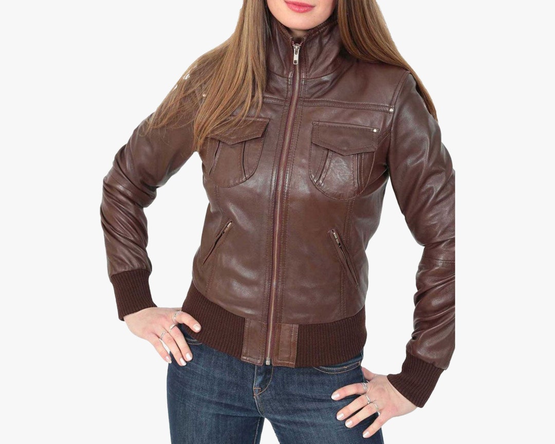 Women Bomber Classic High Neck Leather Jacket, Slim Fit Ladies Leather ...