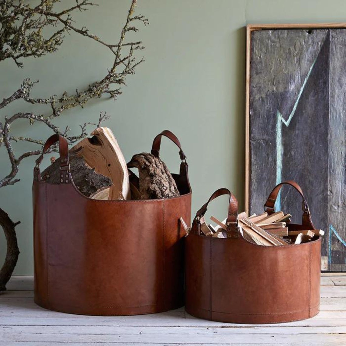 Leather Large Firewood Log Round Basket, Firewood Leather Storage ...